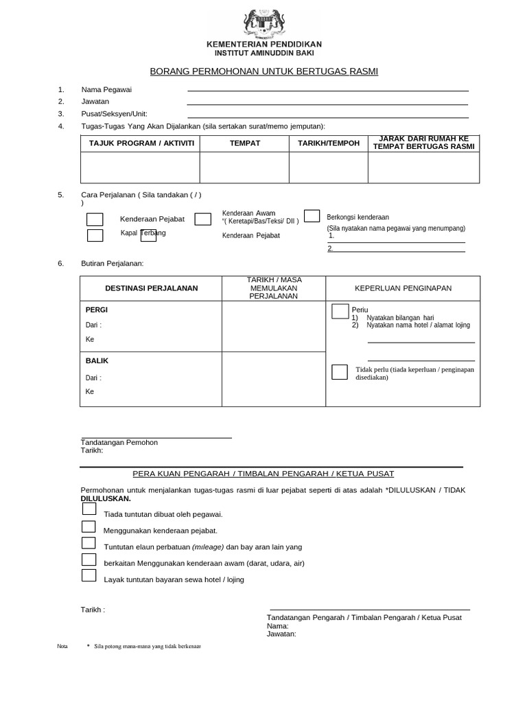 Borang Permohonan Untuk Bertugas Rasmi | PDF