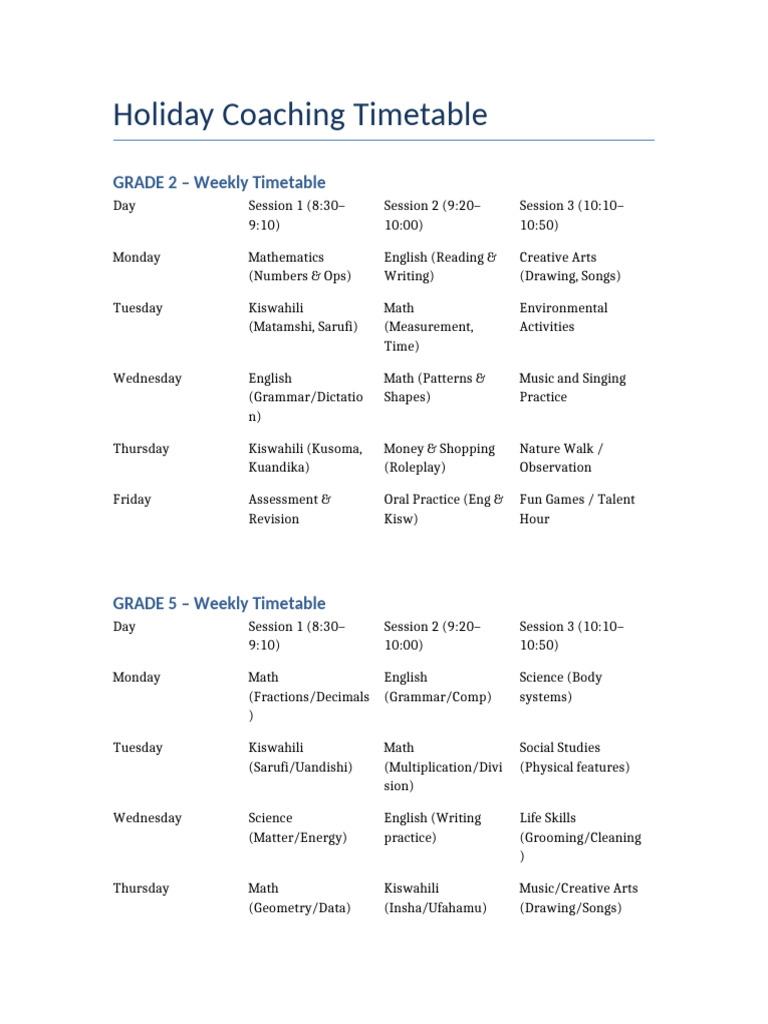 Holiday Coaching Timetable Overview | PDF