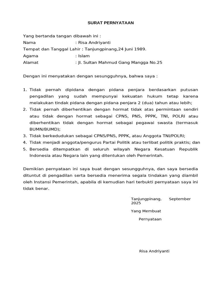 Surat Pernyataan Risa Andriyanti | PDF