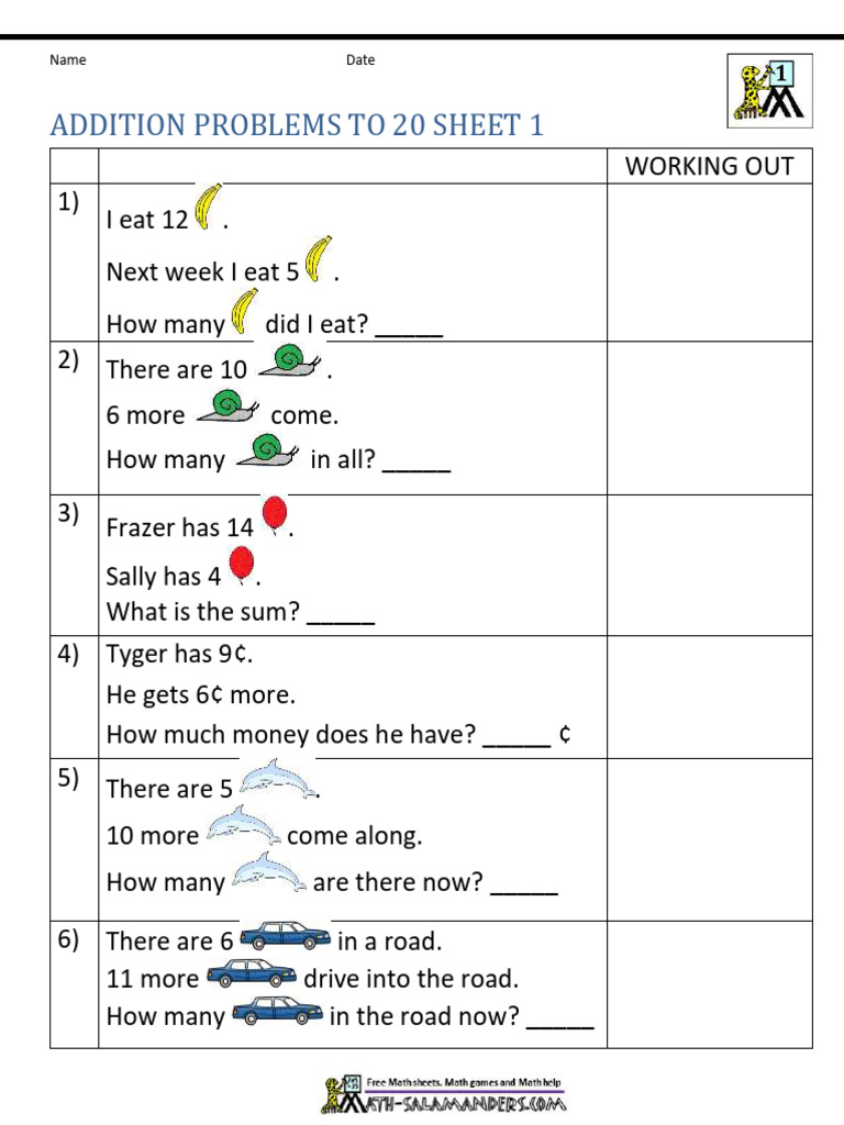 Addition Problems to 20 Worksheet | PDF