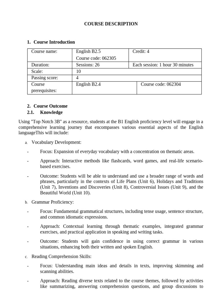 English B2.5 Course Overview and Goals | PDF | Reading Comprehension ...