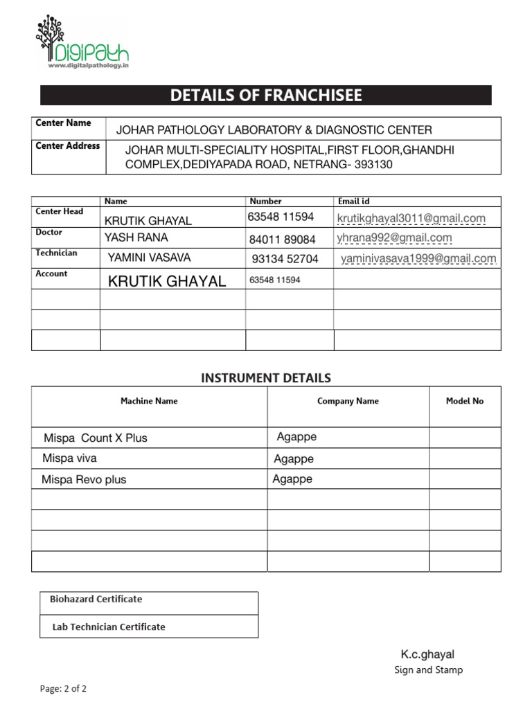 Johar Hospital Netrang Franchise Details | PDF