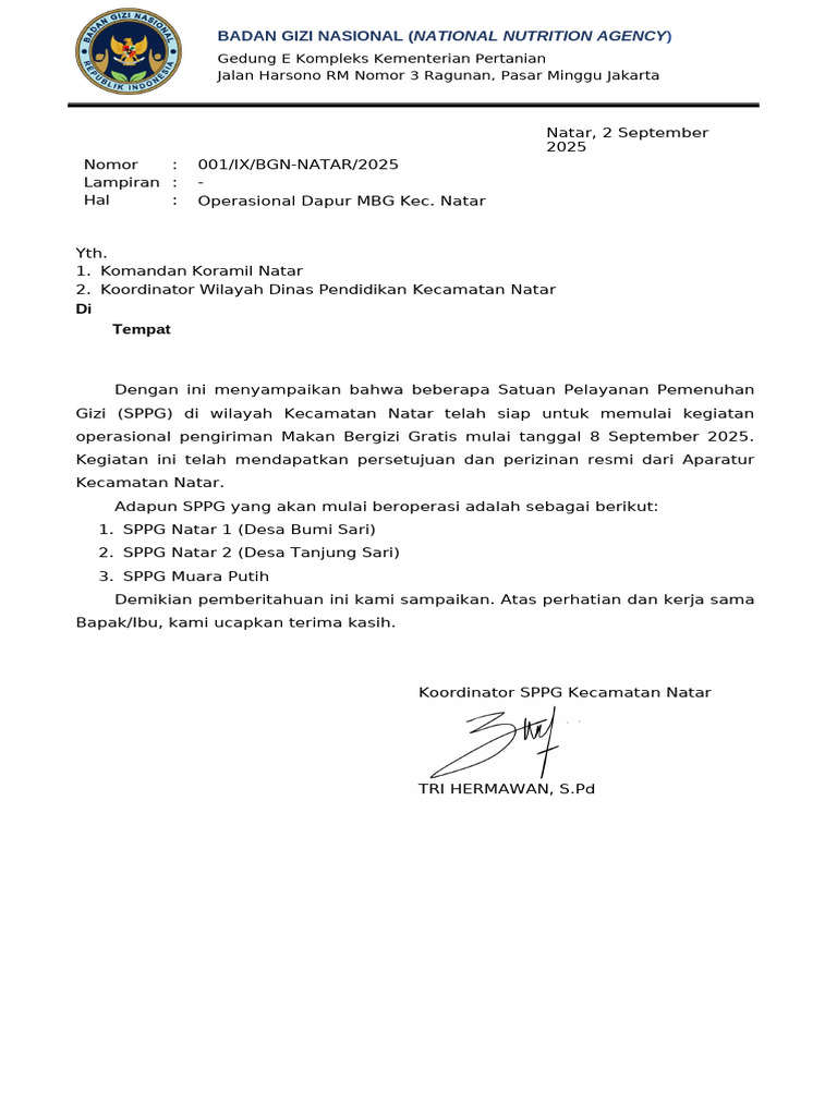 Operasional SPPG Natar 2025 | PDF