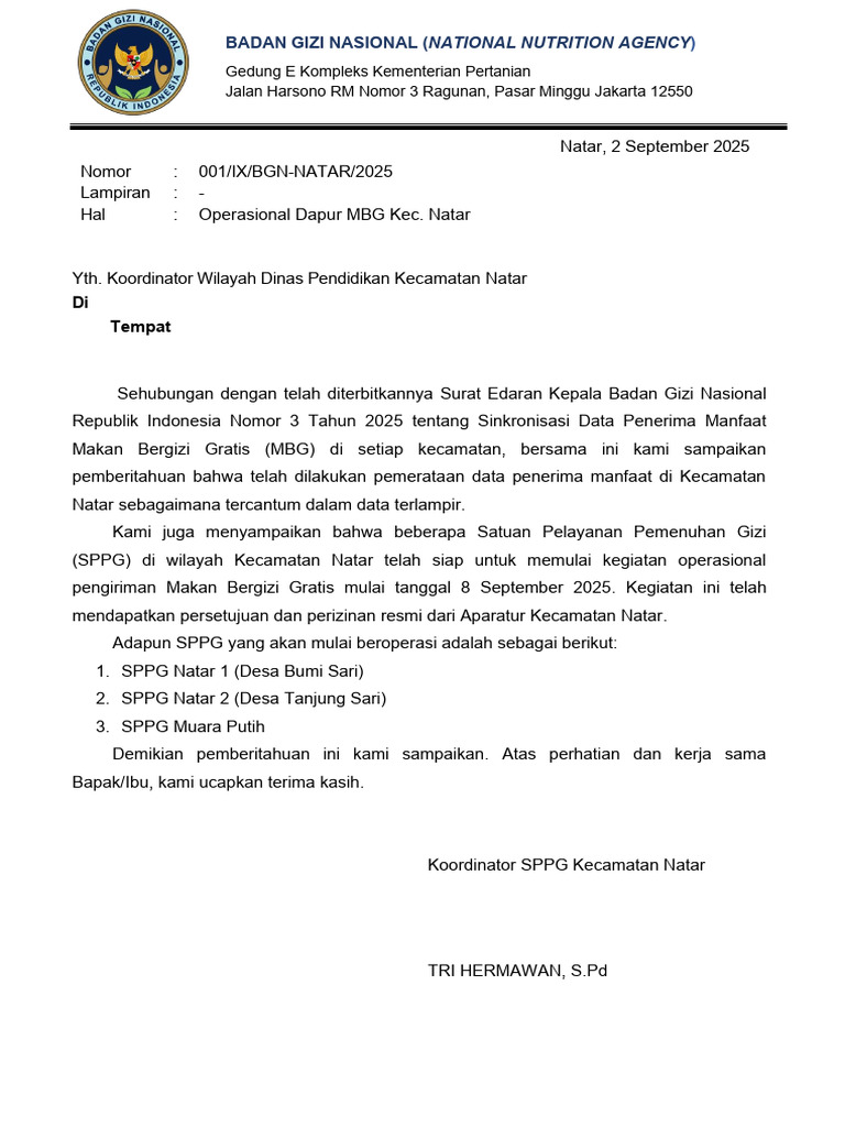 Surat Pemberitahuan Koorwil Disdik Natar | PDF