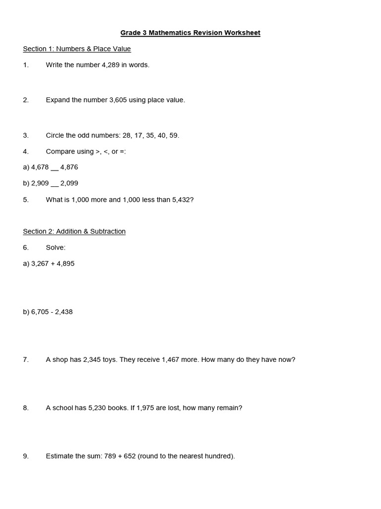 Grade 3 Mathematics Revision Worksheet | PDF