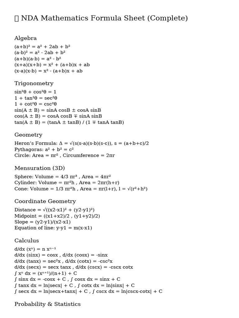 NDA Maths Formula Sheet Overview | PDF | Area | Mathematics