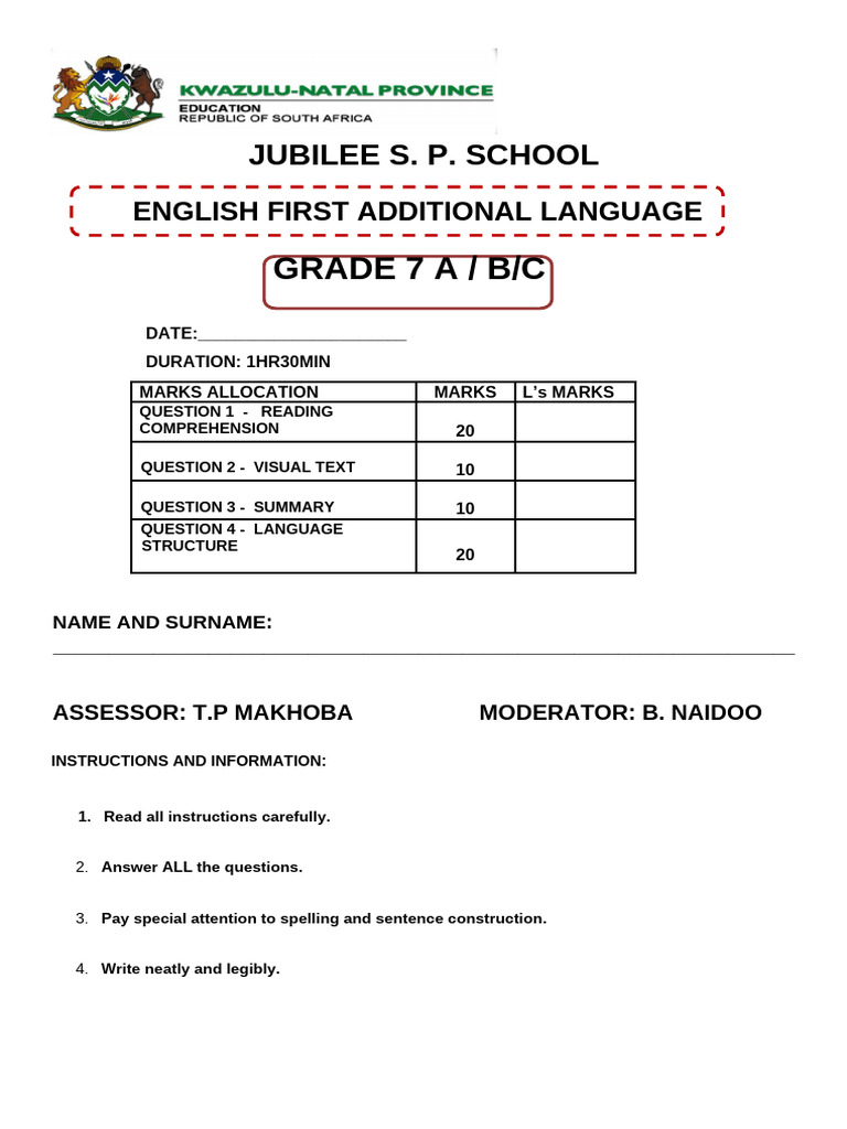 Grade 7 English FAL Assessment | PDF | Subject (Grammar) | Mind