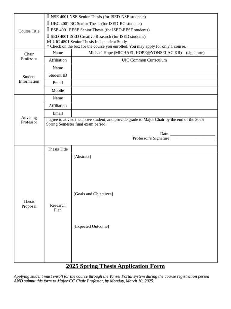 2025 Spring Thesis Application Form | PDF