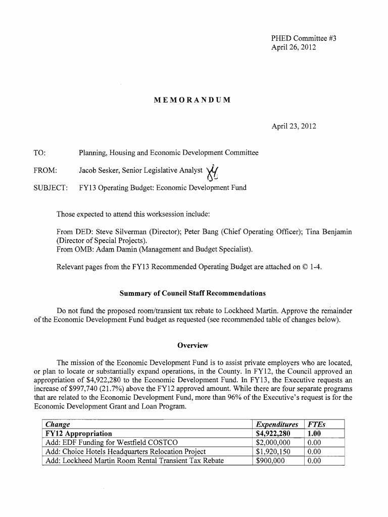 Montgomery County Council Staff Memo Recommending Rejection of Welfare ...