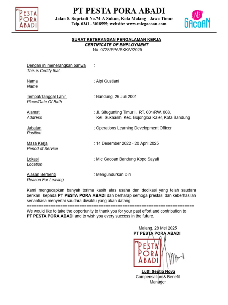 Surat Keterangan Pengalaman Kerja PPA - Alpi Gustiani - Trainer BDG Kopo Sayati (1) | PDF