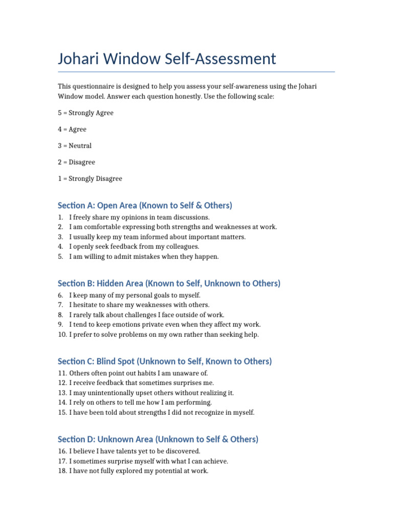 Johari Window Self-Assessment Tool | PDF