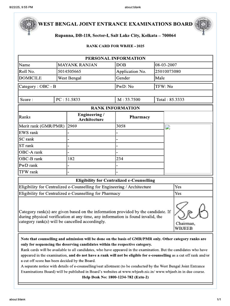 Wbjee Rank Card | PDF