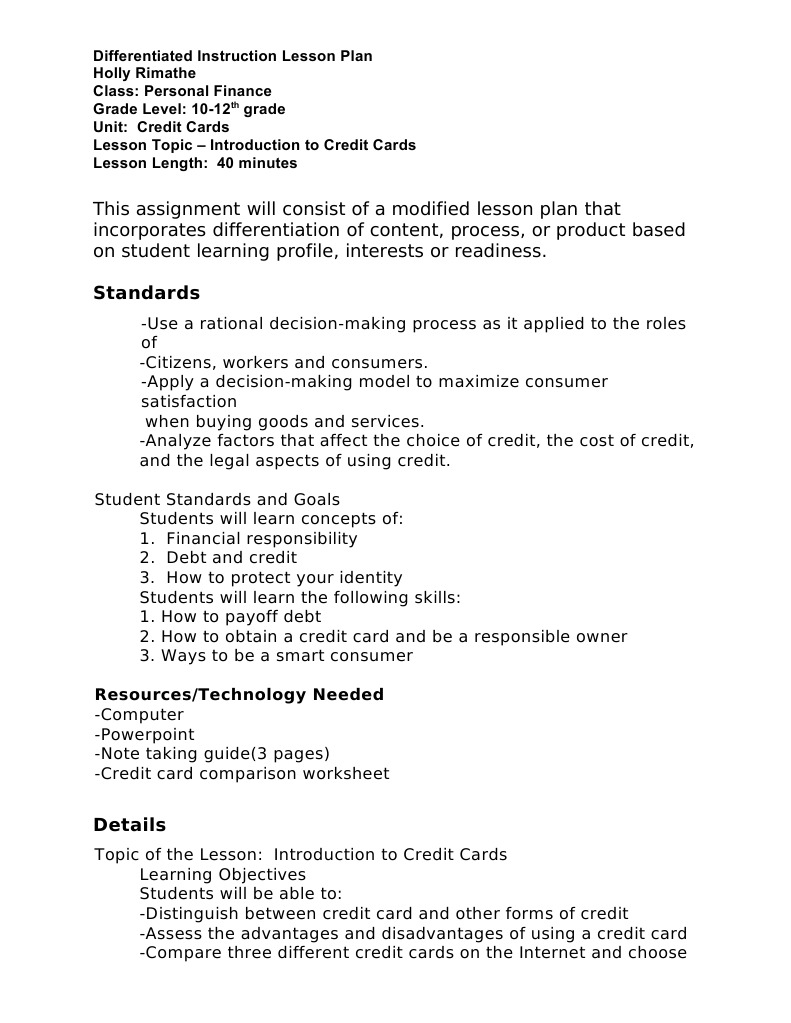Differentiated Credit Card Lesson Plan | PDF | Lesson Plan | Credit ...