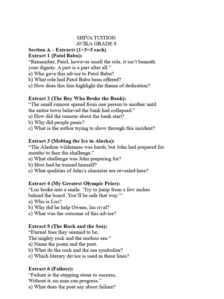 Grade 8 Literature Analysis Questions | PDF