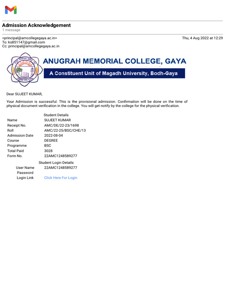 Gmail - Admission Acknowledgement | PDF
