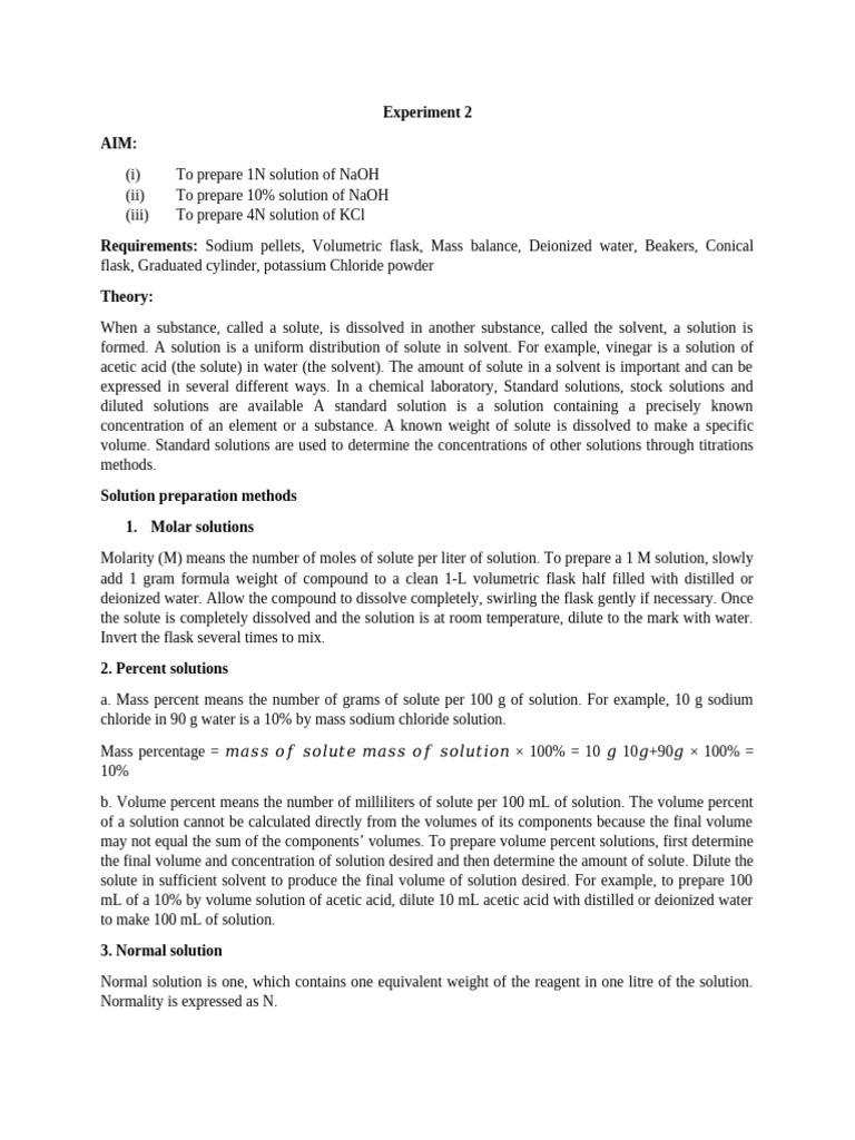 Experiment 2 Solution Preparation | PDF | Volume | Physical Chemistry