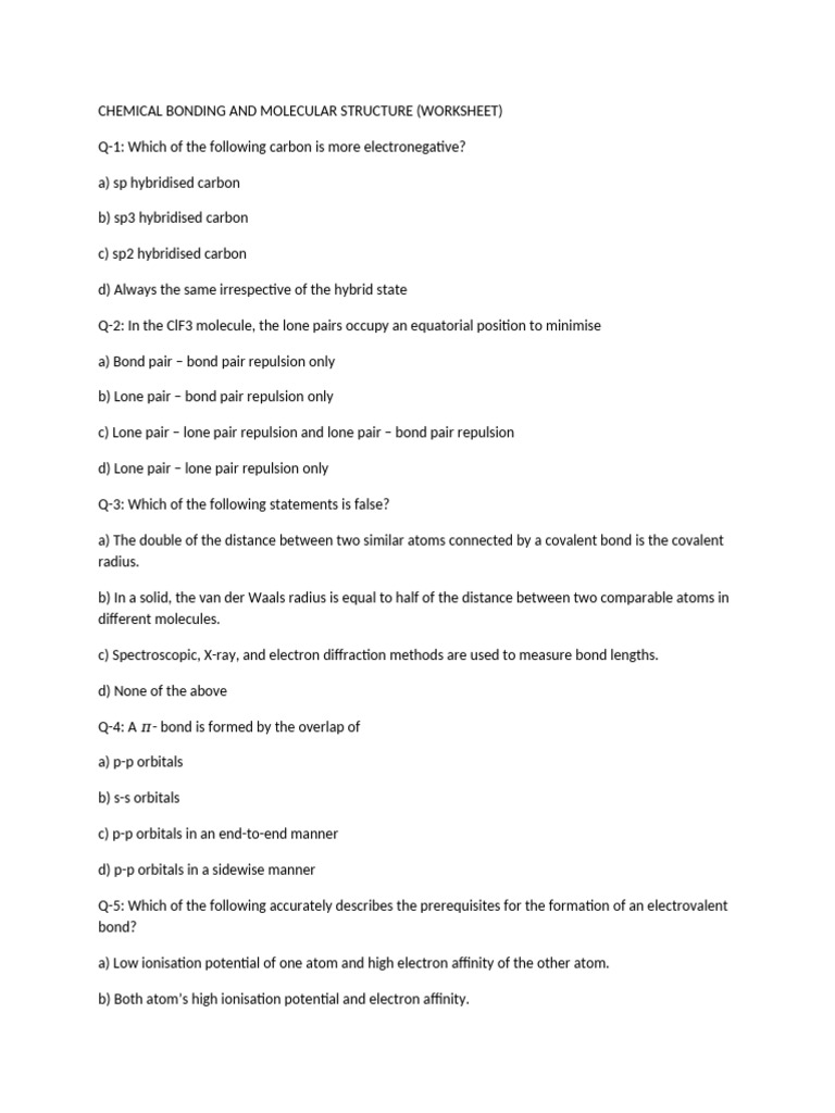 Chemical Bonding Worksheet | PDF | Chemical Bond | Covalent Bond
