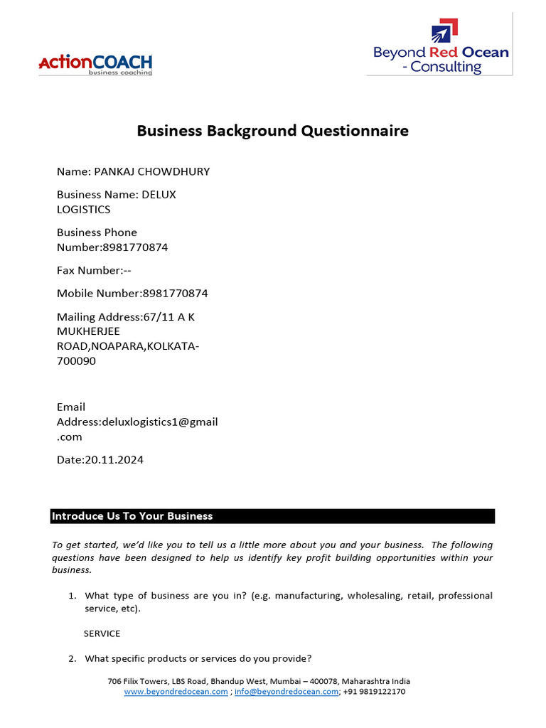 Business Background Questionnaire - BROC ActionCOACH | PDF | Economies