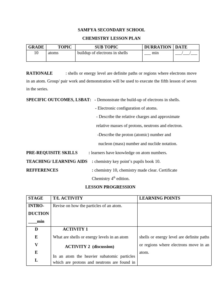 Chemistry Lesson Plan: Electron Shells | PDF | Atoms | Atomic Nucleus