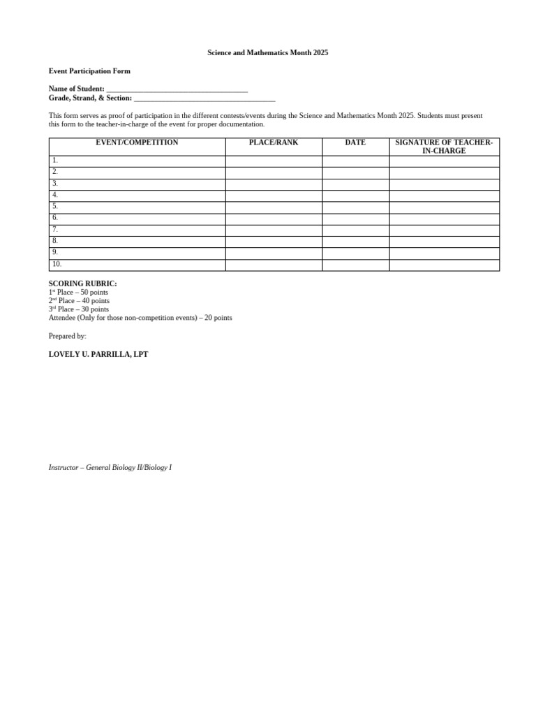 Event Participation Form Sci Math Month 2025 | PDF
