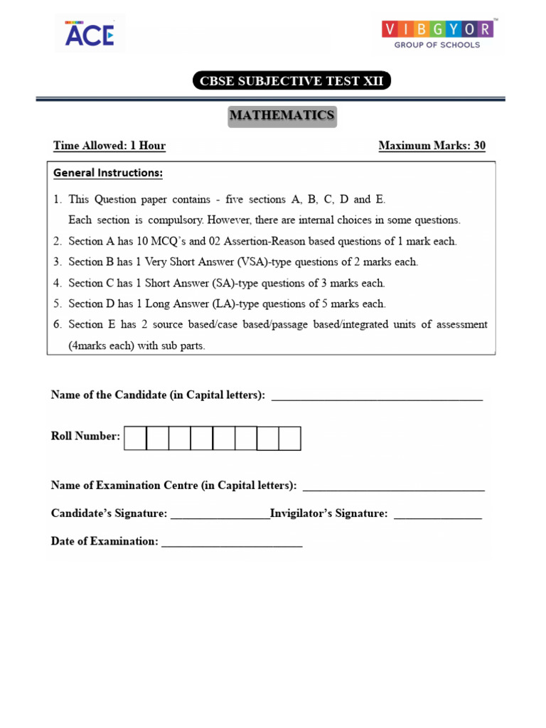 CBSE Class 12 Mathematics Test Paper | PDF | Determinant | Algebra