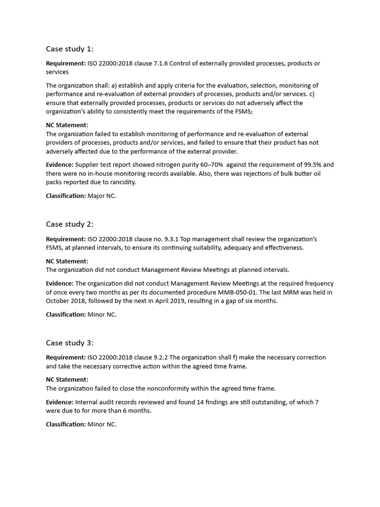 ISO 22000:2018 Nonconformities Case Studies | PDF