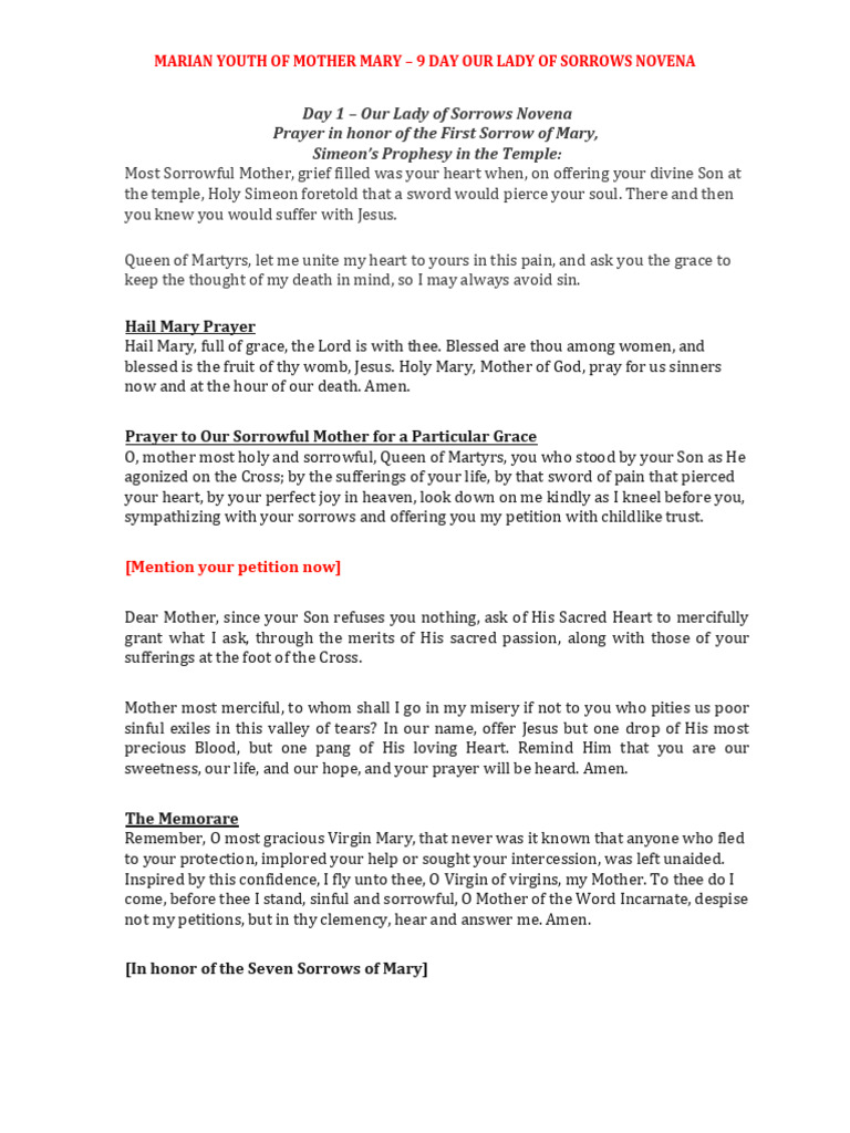 Our Lady of Sorrows Novena | PDF | Mary, Mother Of Jesus | Divine Grace