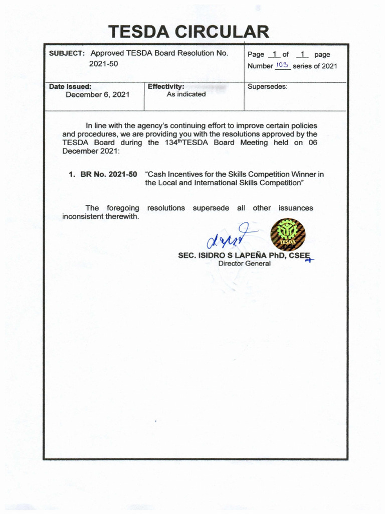 TESDA Cash Incentives for Skills Winners | PDF | Philippines | Public ...