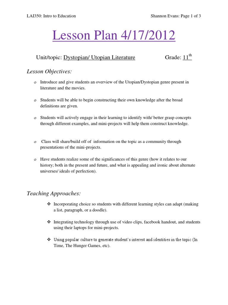 LAI350 English Lesson Plan | PDF | Dystopia | Utopian And Dystopian Fiction
