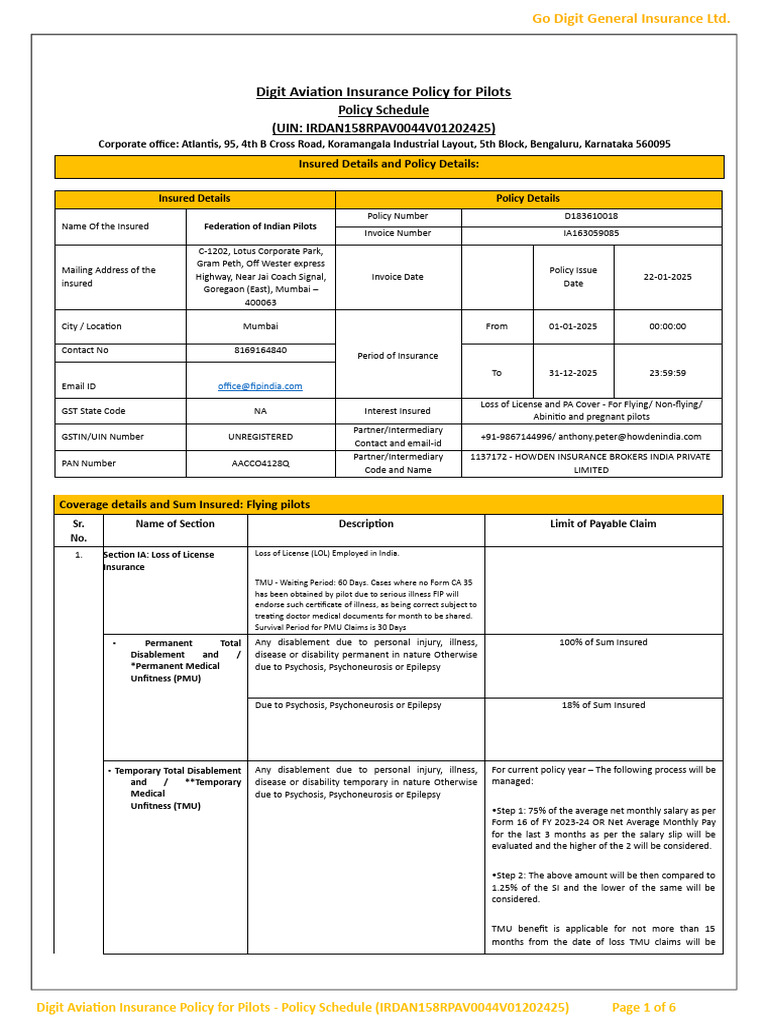 Digit Aviation Insurance Policy for Pilots | PDF | Insurance | Pregnancy