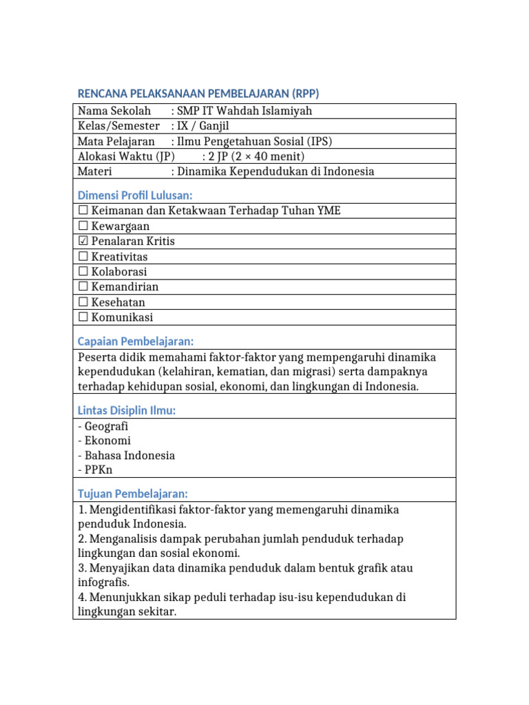 RPP IPS K13 Kelas9 Materi2 | PDF