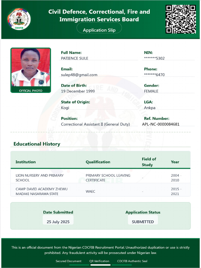 PATIENCE ENE SULE Application Slip | PDF