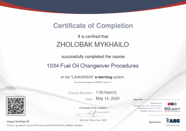 1034 Fuel Oil Changeover Procedures Certificate | PDF