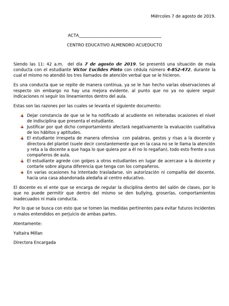Acta de mala conducta escolar | PDF