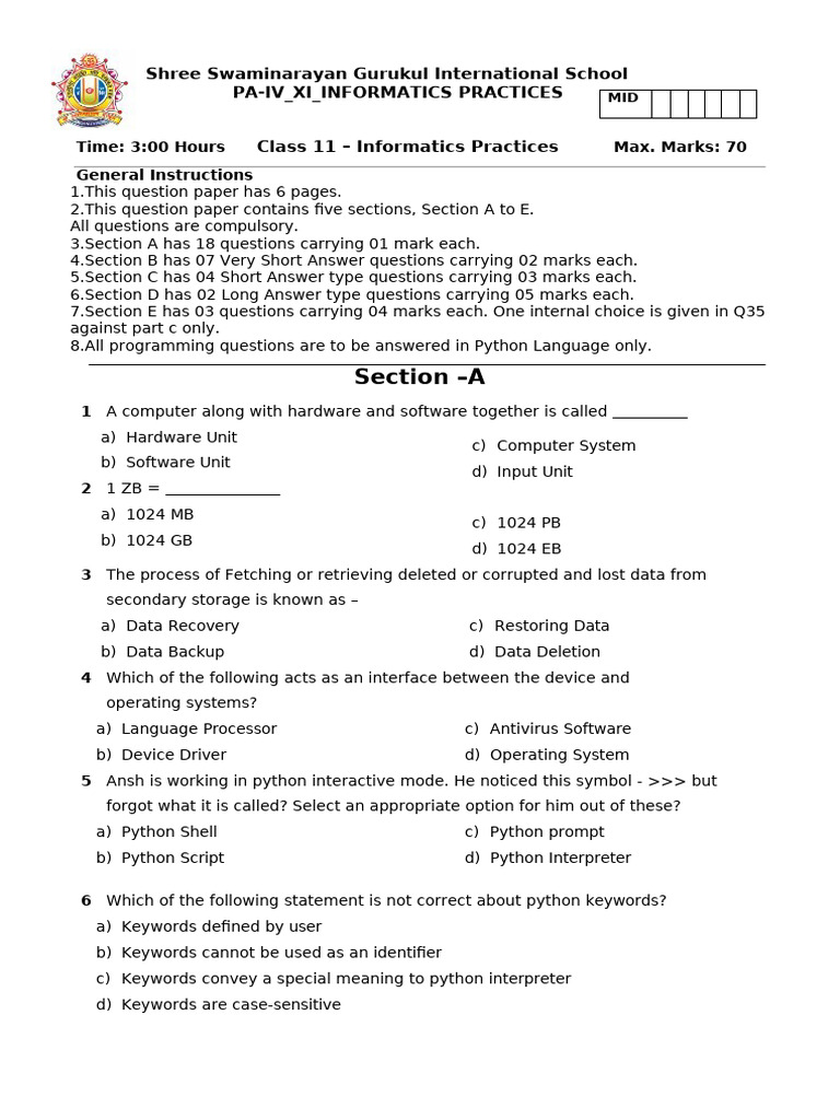Class 11 IP Annual Exam QP Sample Paper 1 | PDF | My Sql | Databases