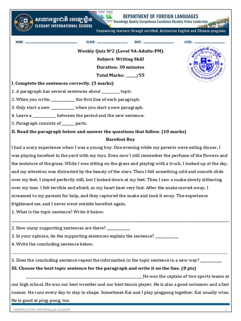 Weekly Quiz 2 Lv9B Adults Unit2 | PDF