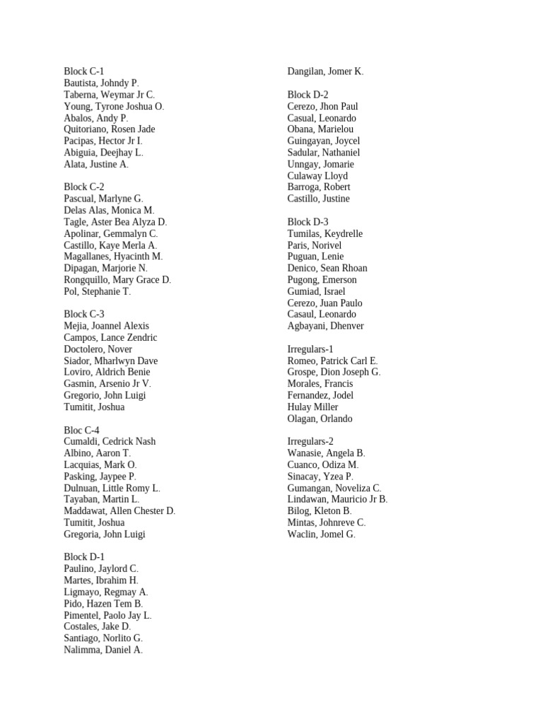 Student Names by Block and Category | PDF