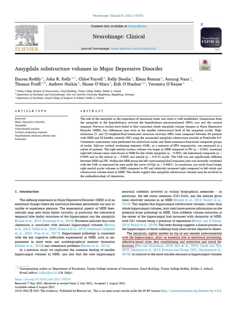 Amygdala Substructure Volumes in Major Depressive Disorder | PDF ...