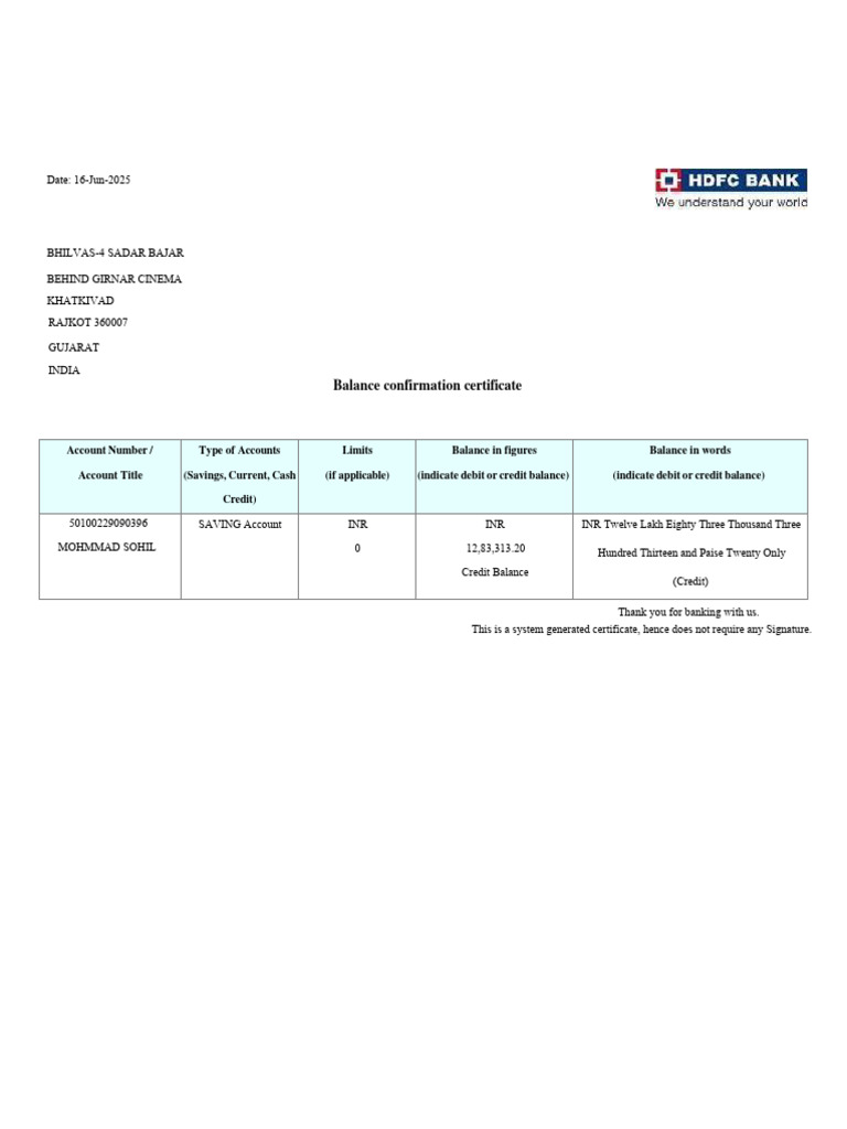 HDFC Balance Certificate | PDF