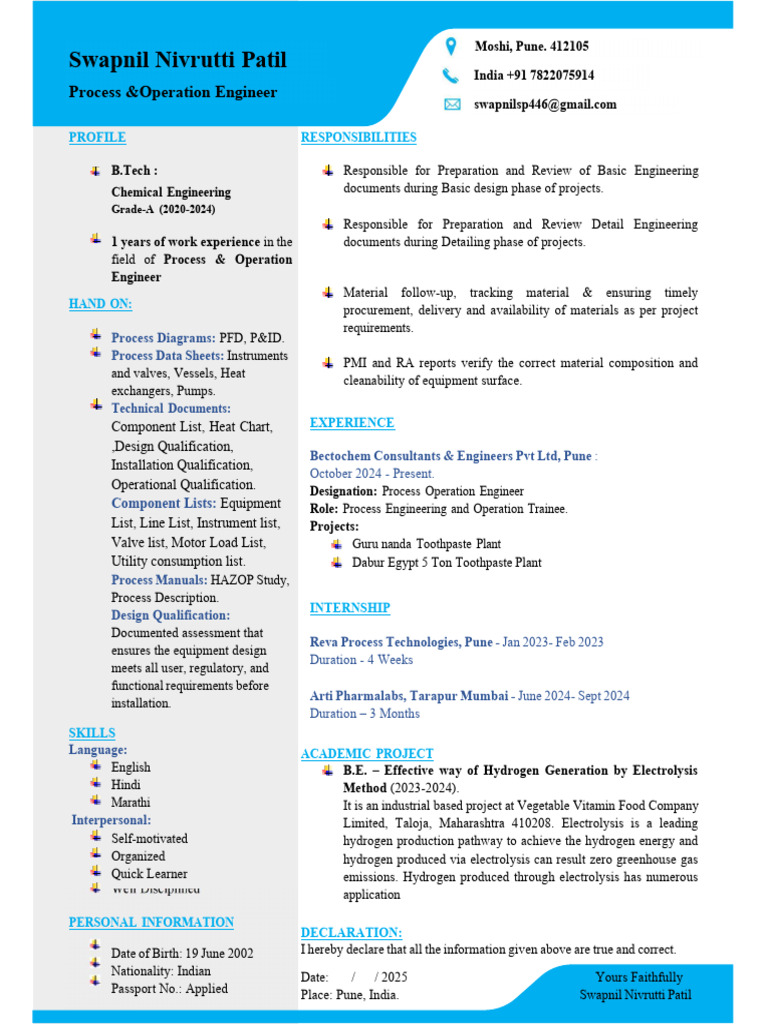 CV-Swapnil Patil - Process Engineer (1) - 1 | PDF