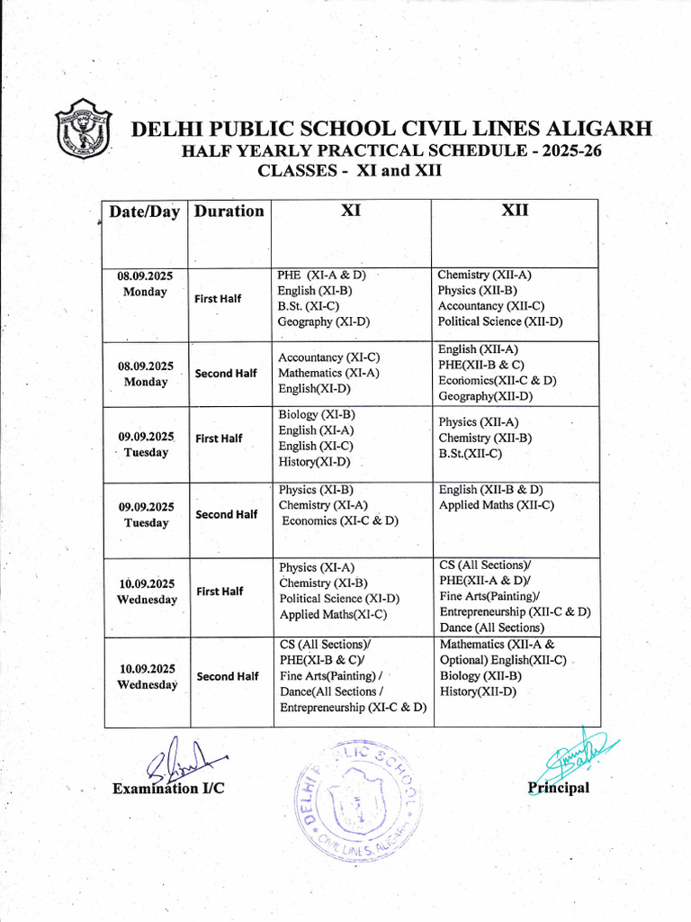 Half Yearly Practical Schedule 2025 26 (Class Xi To Xii) | PDF | Science | Liberal Arts Education
