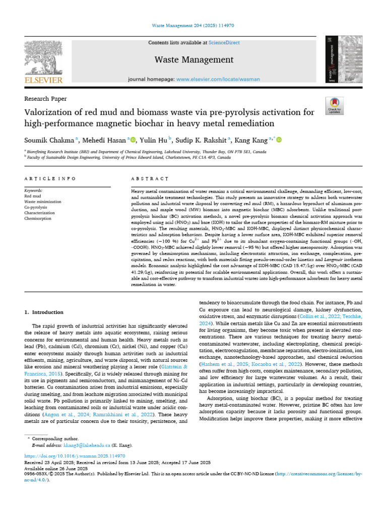Magnetic Biochar from Red Mud and Biomass | PDF | Adsorption | Lead