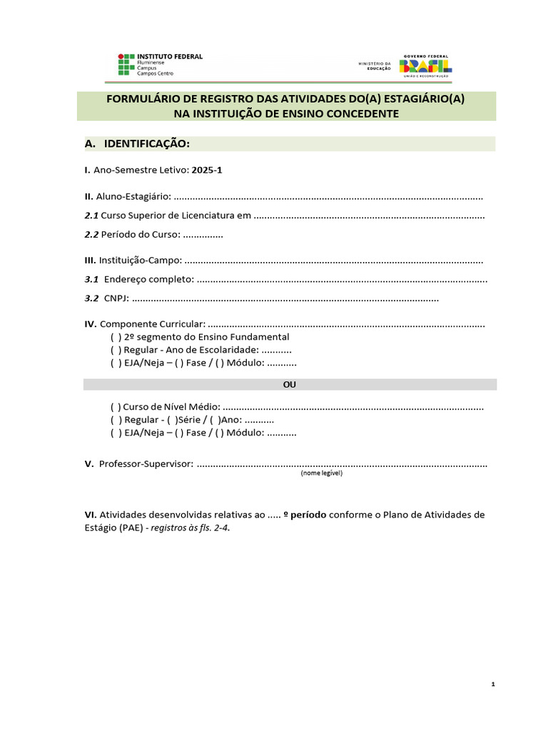Registro Das Atividades - Campo de Estágio - Formulário 2025-1 | PDF