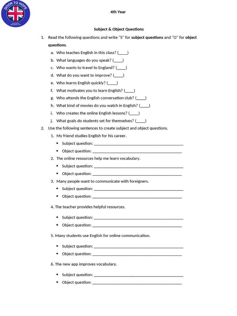 Subject and Object Questions Exercises | PDF