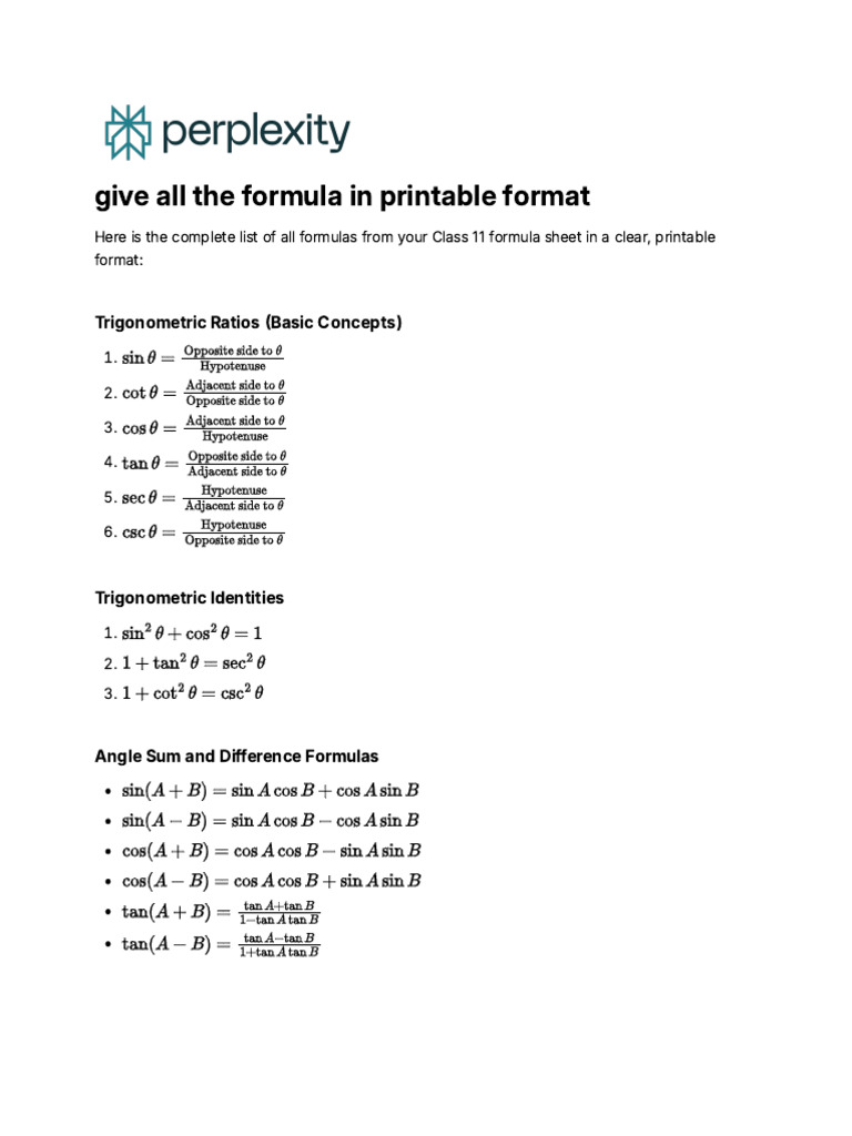 Class 11 Complete Formula Sheet | PDF | Set (Mathematics) | Function ...