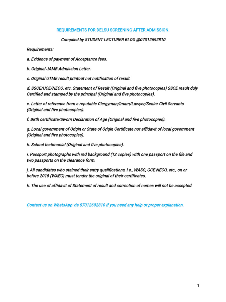 Documents For Delsu Screening 2025 | PDF