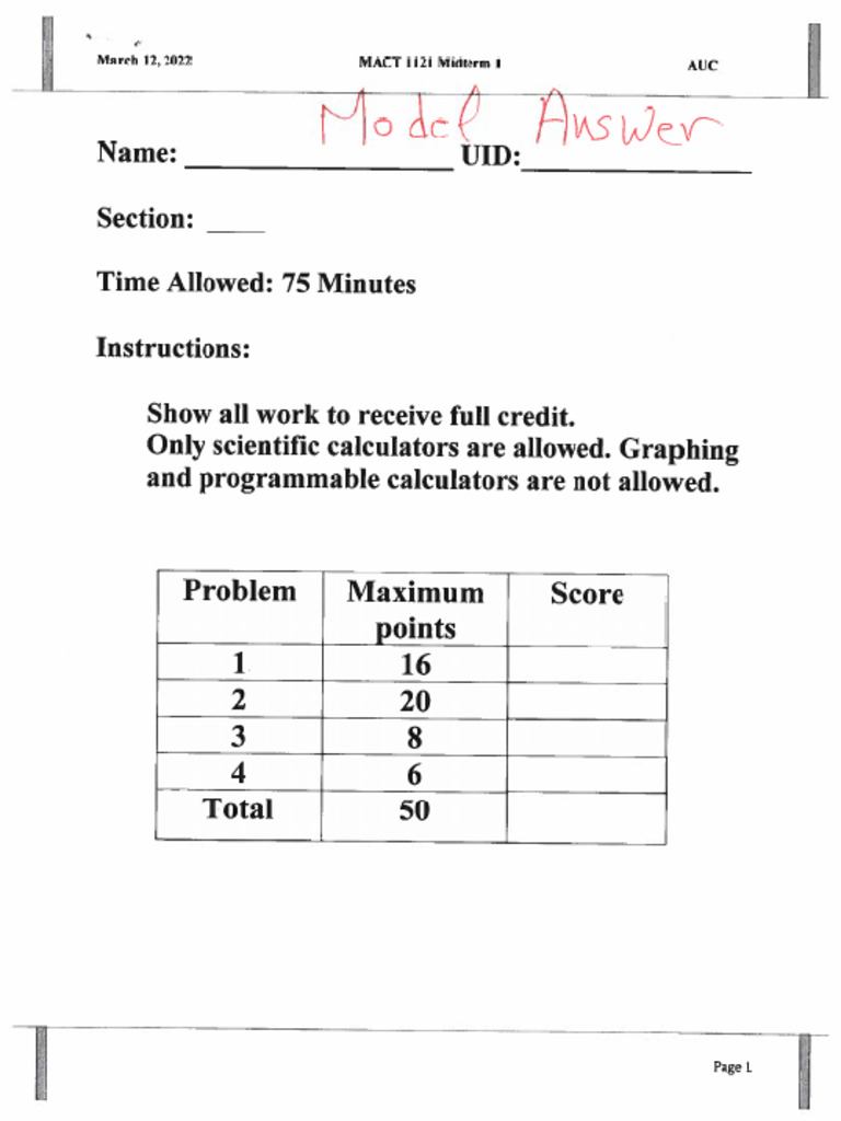Mact 1121-Exam 1 (Spring 2022) (Model Answer) | PDF