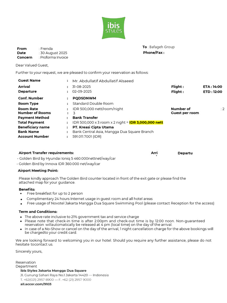 Proforma Invoice for Hotel Reservation | PDF | Payments