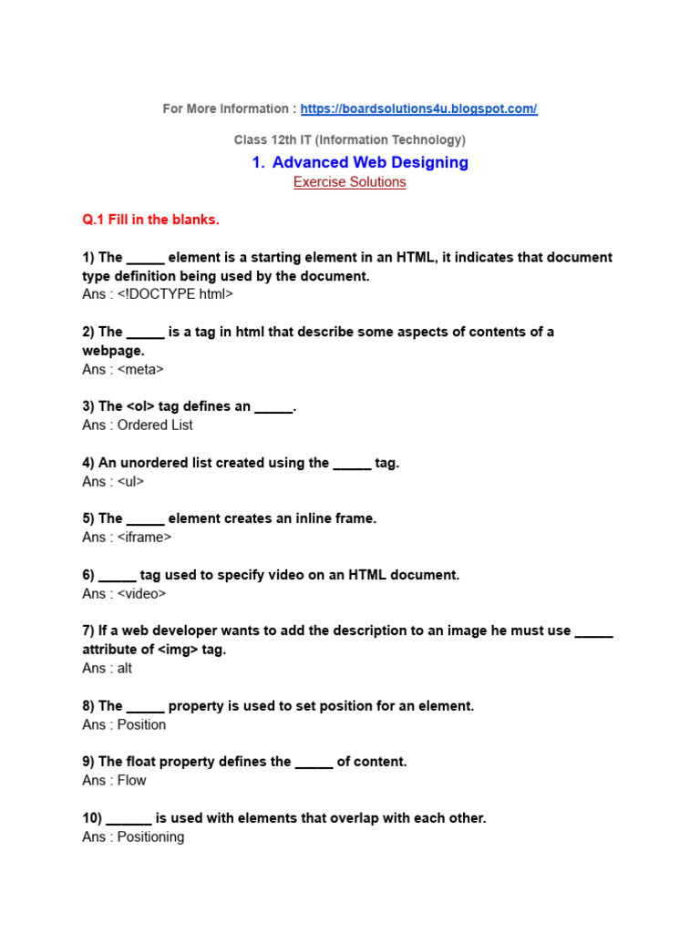 Class 12 Advanced Web Designing Solutions | PDF | Html Element | Html