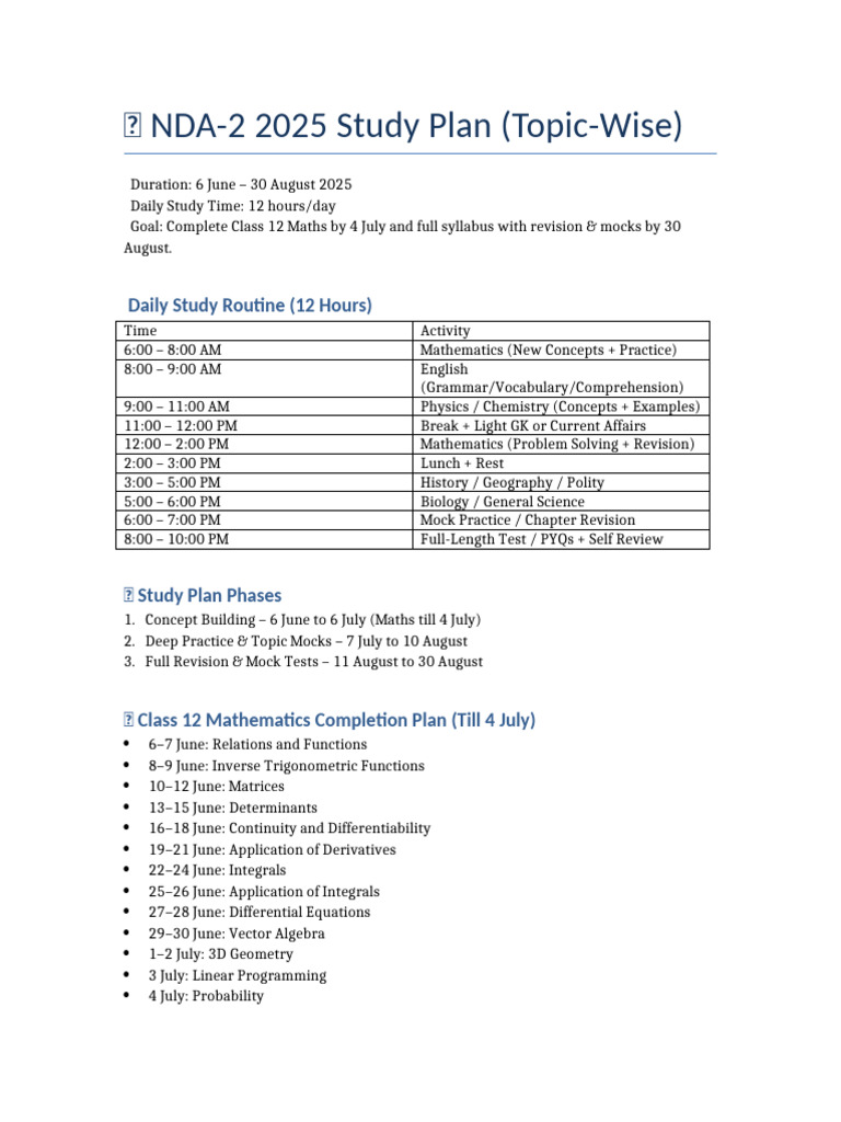 NDA2 2025 Study Plan Topicwise | PDF | Mathematics | Integral
